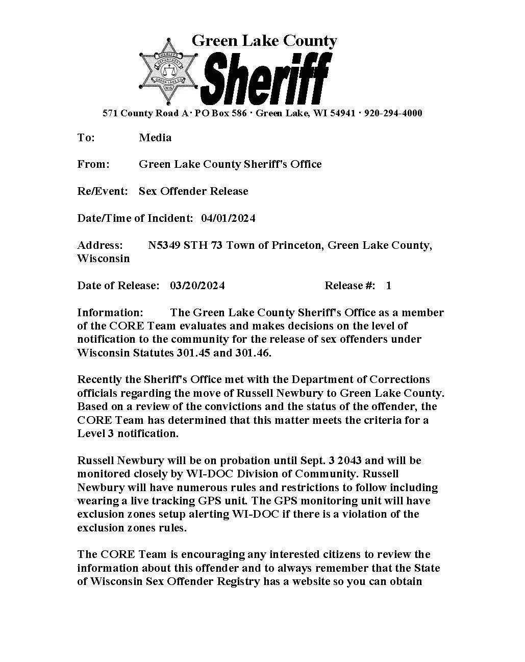 Sex Offender Release Notification Green Lake County Wi